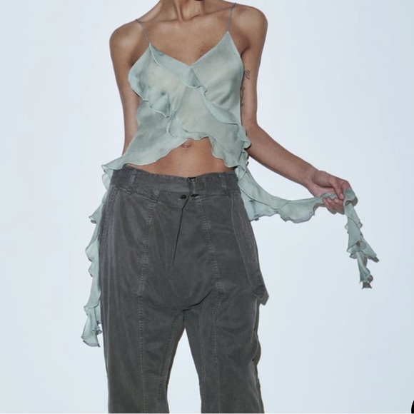 Zara | Tops | Zara Emerald Green Semisheer Ruffles Tank Blouse | Poshmark